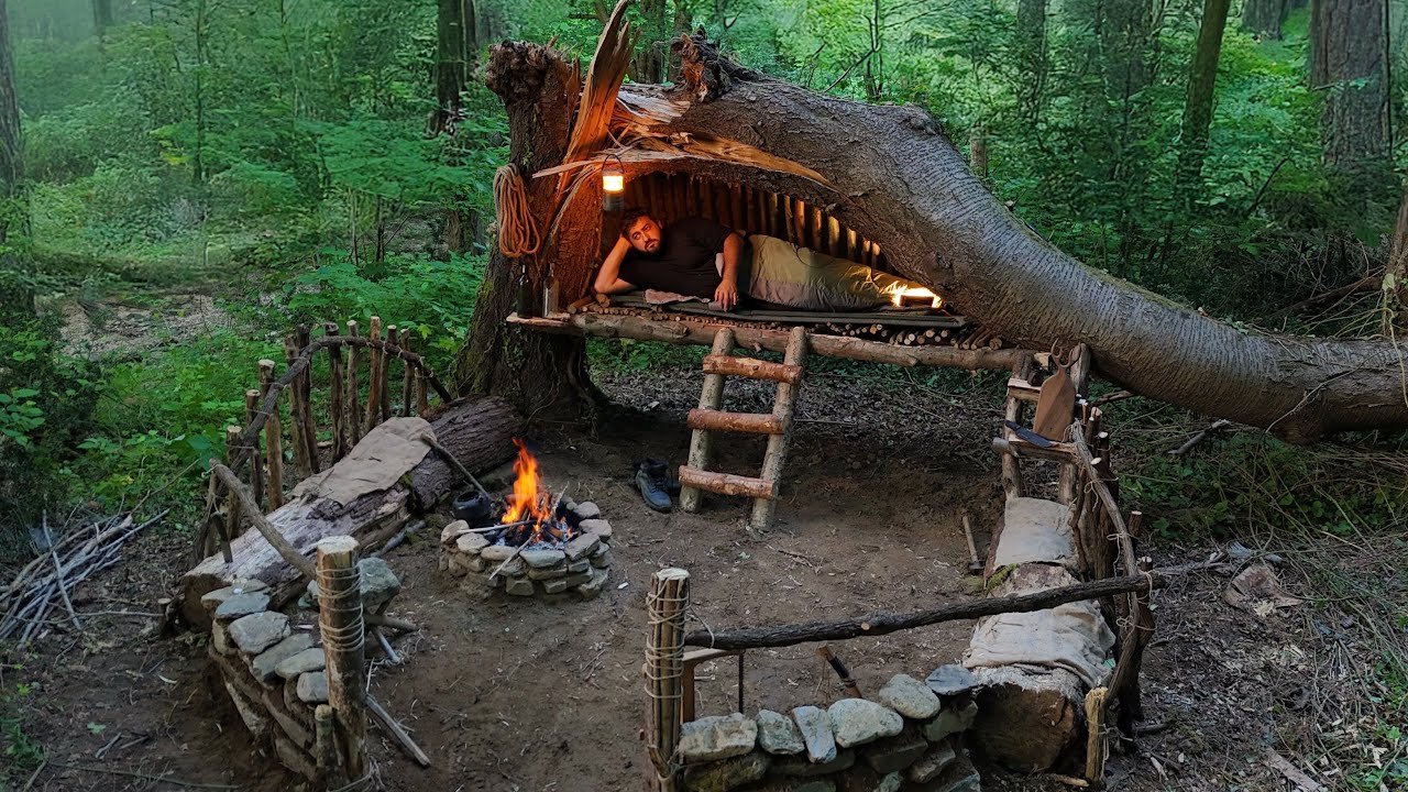Bushcraft Survival Shelter: Building a Natural Dugout Inside Big Tree ...