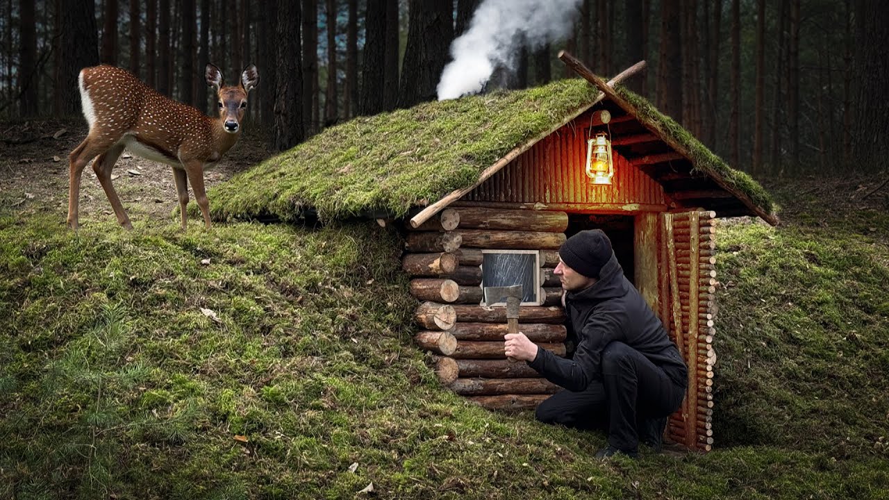 Building a Bushcraft Shelter with a Fireplace | Survival Log Cabin ...
