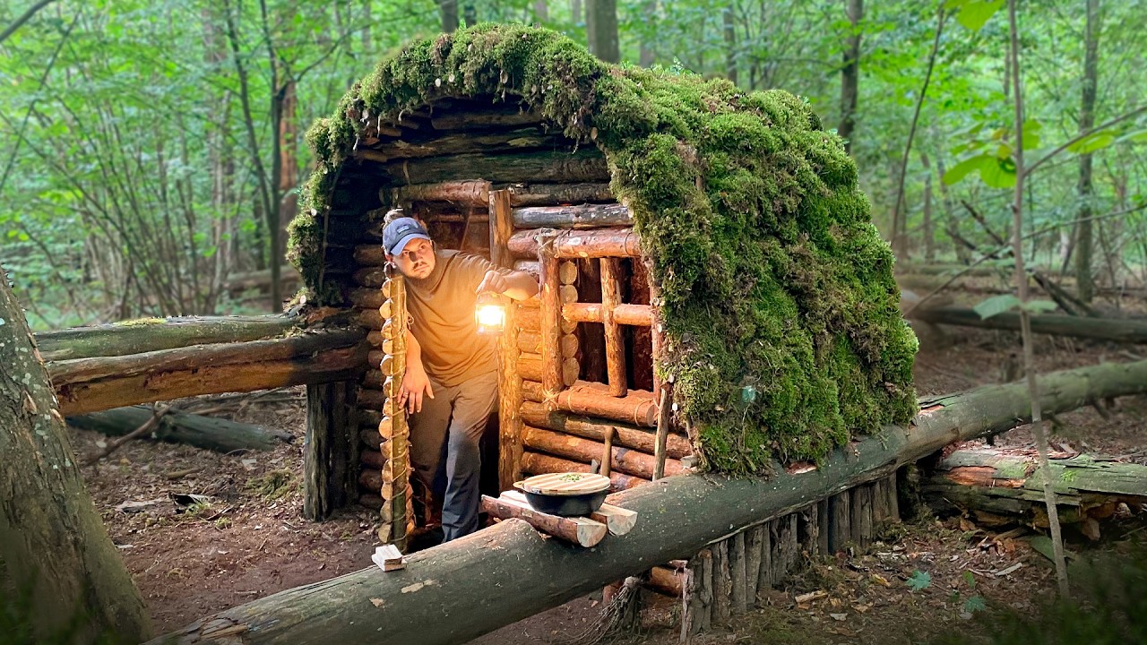Building a cozy shelter between two fallen trees | Bushcraft survival ...