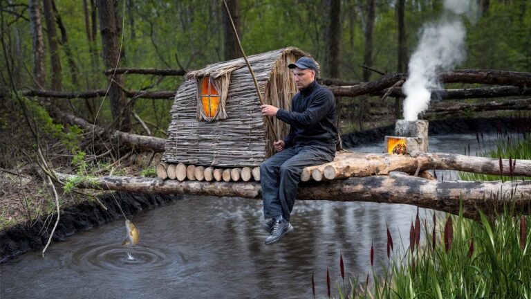 Building a Cozy Reed Survival Shelter Over Water | Bushcraft, Fishing ...