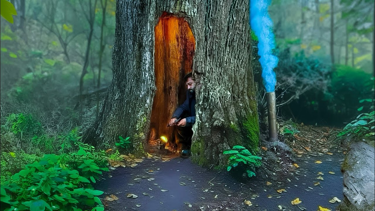 Building a Warm and Cozy Secret Shelter Deep Inside a Large Tree ...