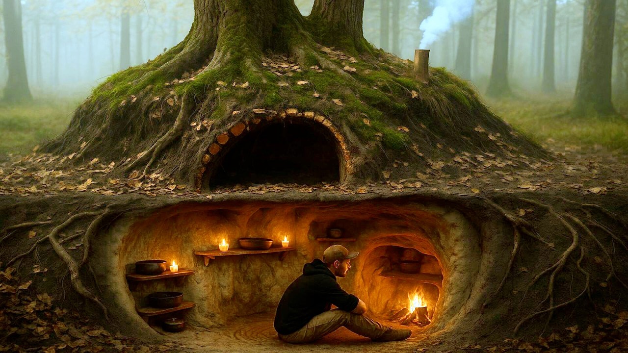 Building a Hidden Shelter Inside a Giant Tree Root | Warm and Cozy ...