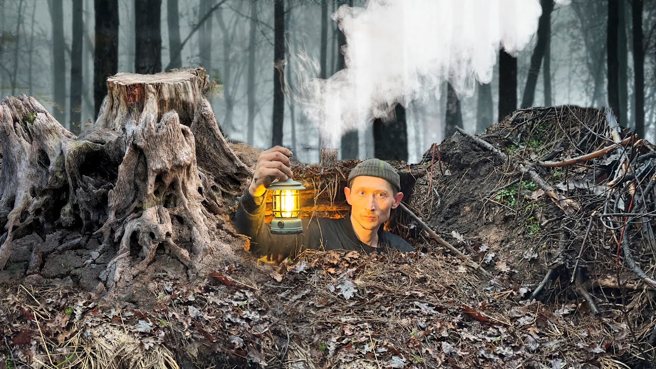 Building a Hidden Shelter at the Root of a Tree | A Warm and Cozy ...